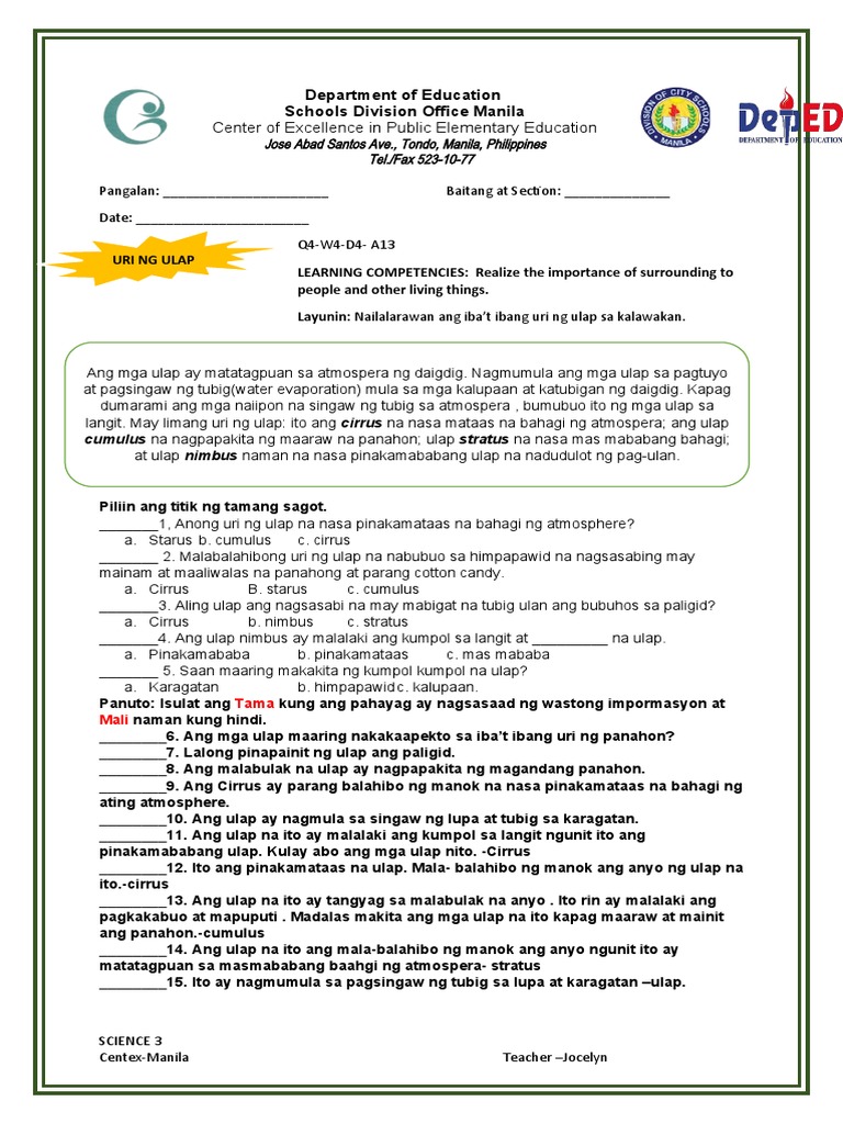 Uri NG Ulap - Q4 - W5 - WORKSHEET | PDF