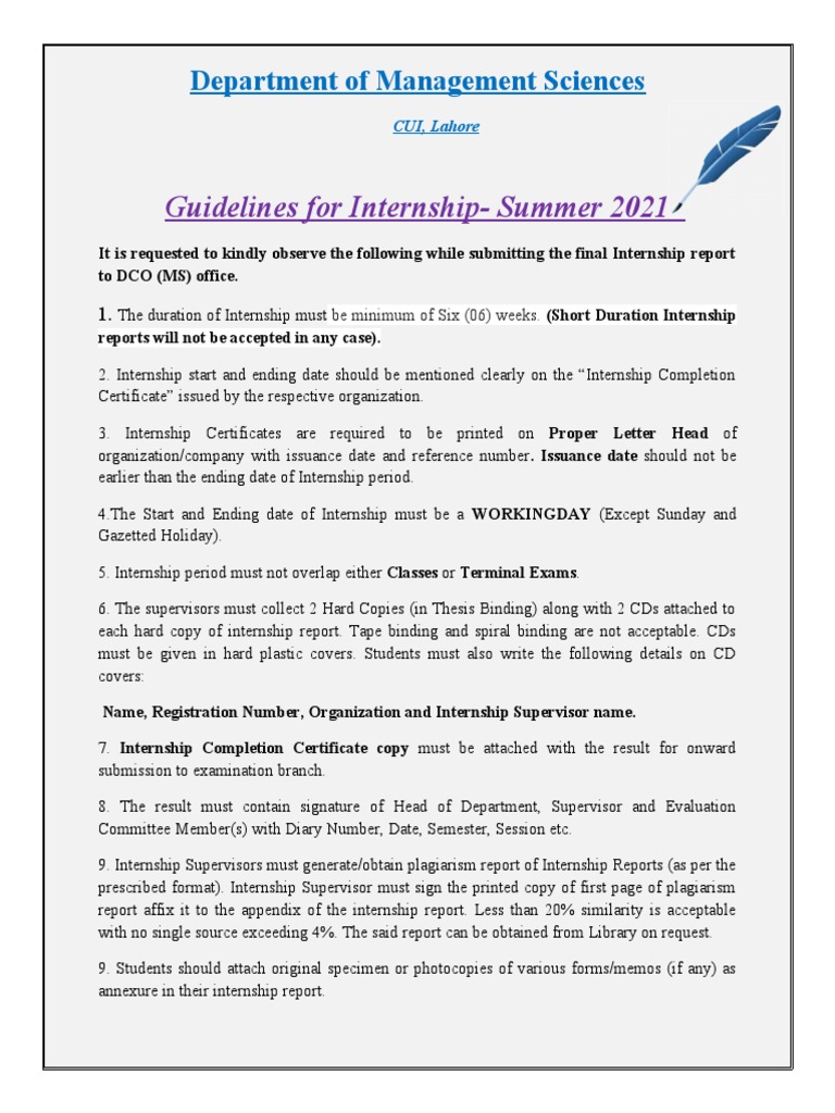 Guidelines For Internship-Summer 2021: Department of Management ...