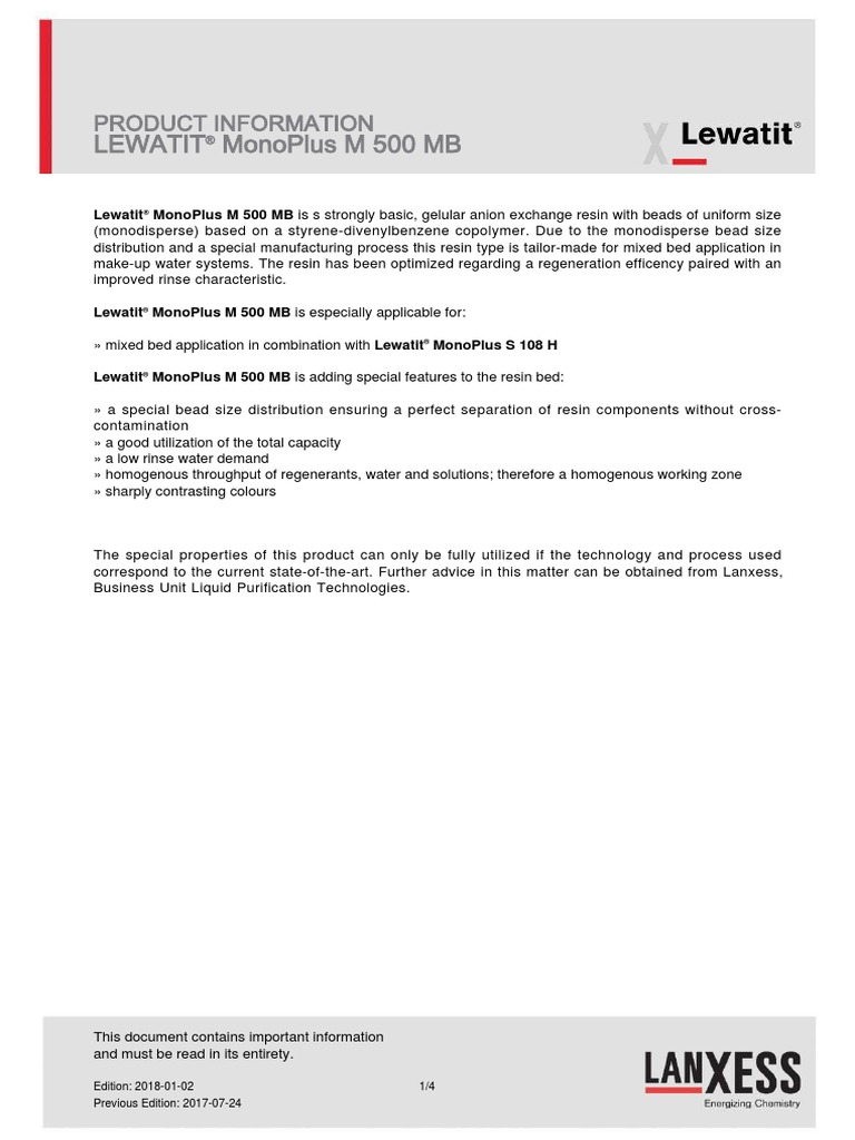 Lewatit Monoplus M 500 MB: Product Information | PDF | Sodium Hydroxide ...