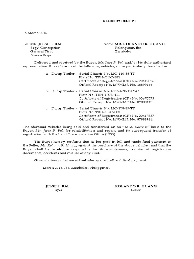 DELIVERY RECEIPT - Trailer | PDF