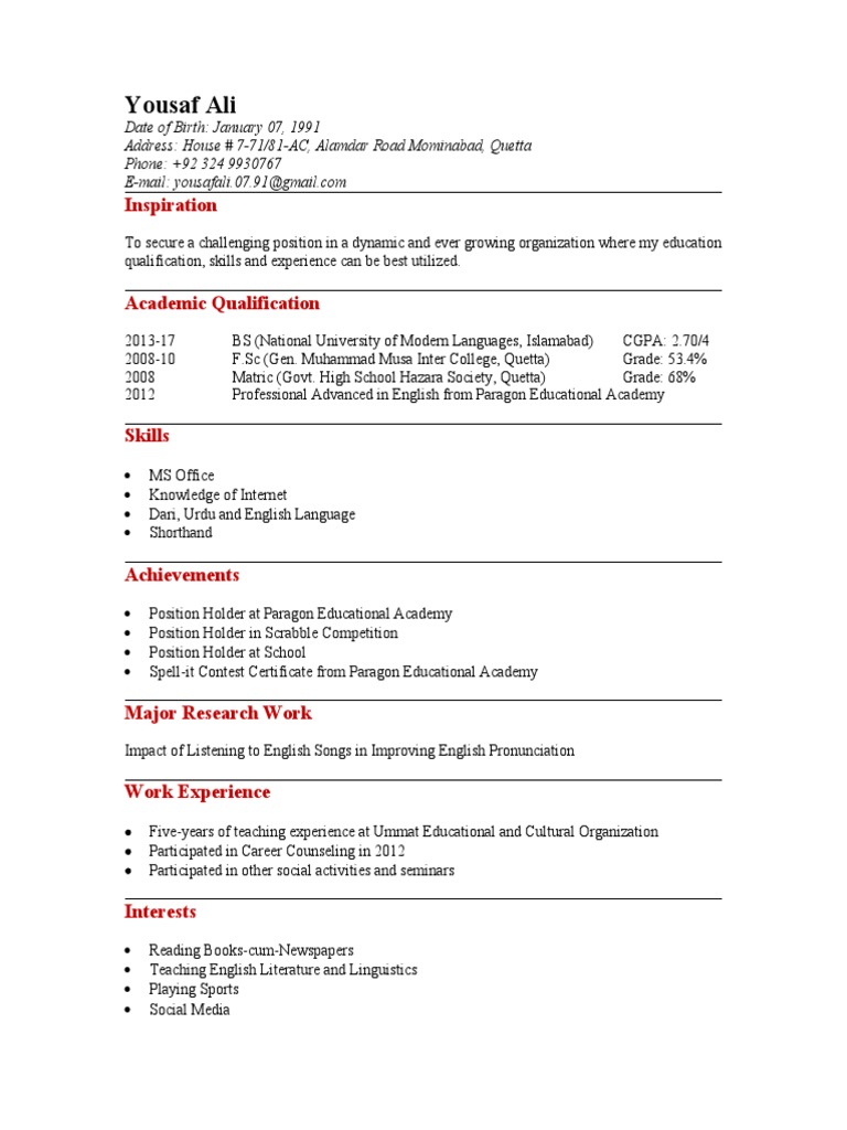Yousaf Ali CV | PDF | Career & Growth | Language Arts & Discipline