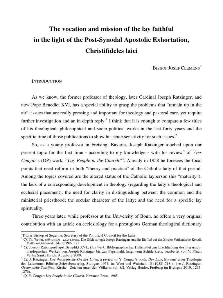 The Vocation and Mission of The Lay Faithful in The Light of The Post ...