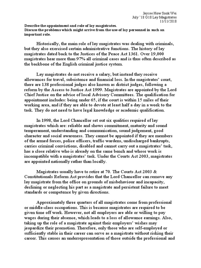 Describe The Appointment and Role of Lay Magistrates. Discuss The ...