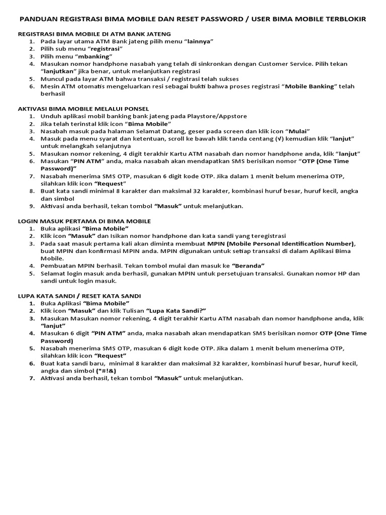 Panduan Registrasi Bima Mobile Dan Reset Password Blokir | PDF