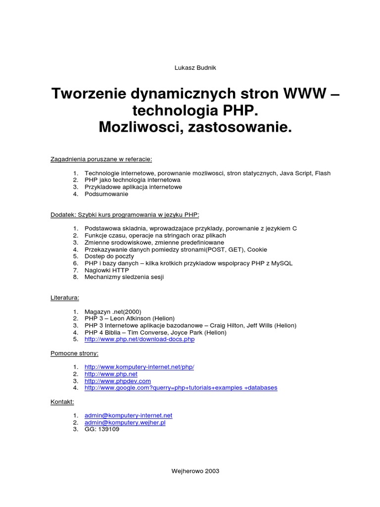 Tworzenie Dynamicznych Stron WWW Technologia PHP. Mozliwosci ...