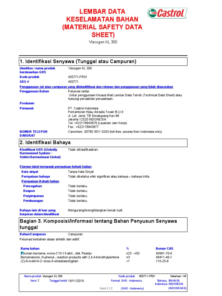 Lembar Data Keselamatan Bahan (Material Safety Data Sheet) : 1 ...