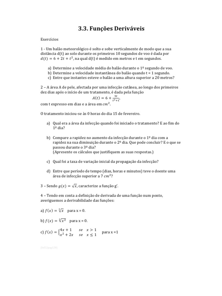 Exercícios De Derivação E Continuidade De Funções Pdf Derivado