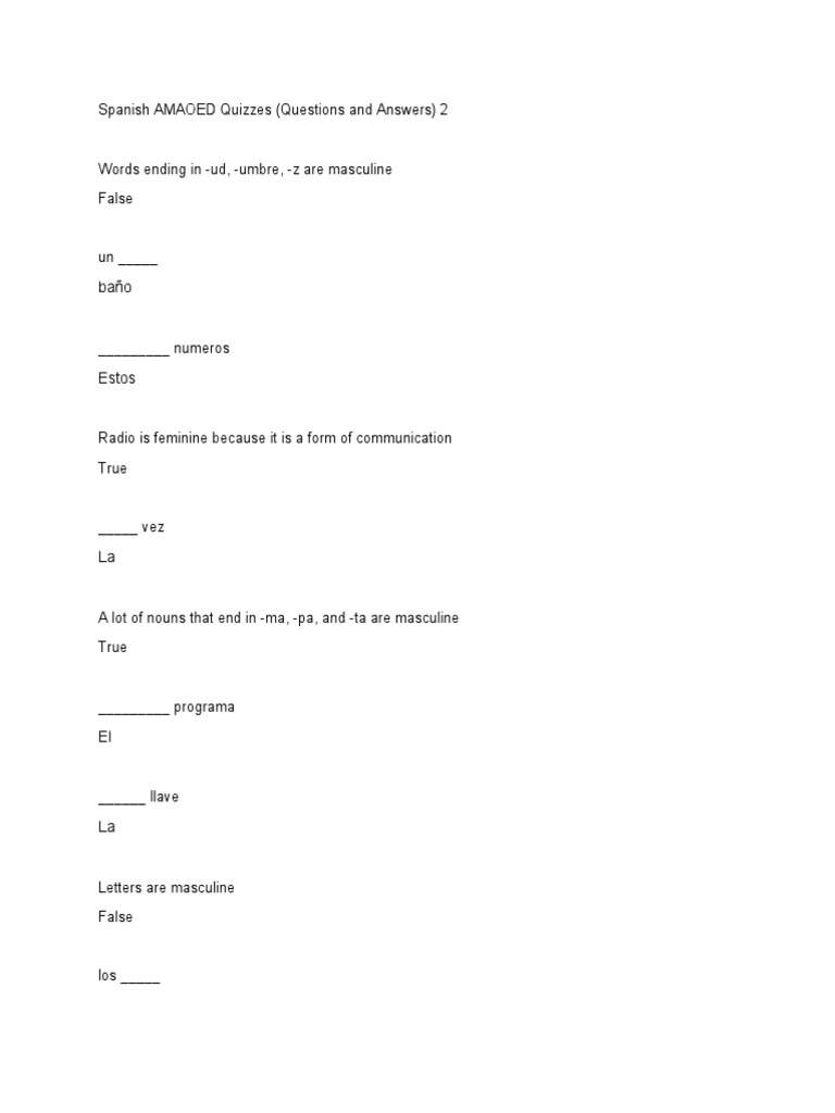 Spanish AMAOED Quizzes (Questions and Answers) 2 | PDF | Grammatical ...