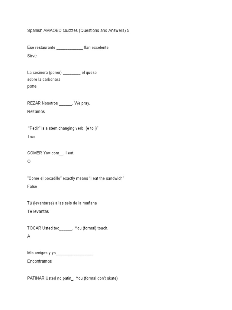 Spanish Quiz Questions and Answers | PDF | Grammatical Conjugation ...
