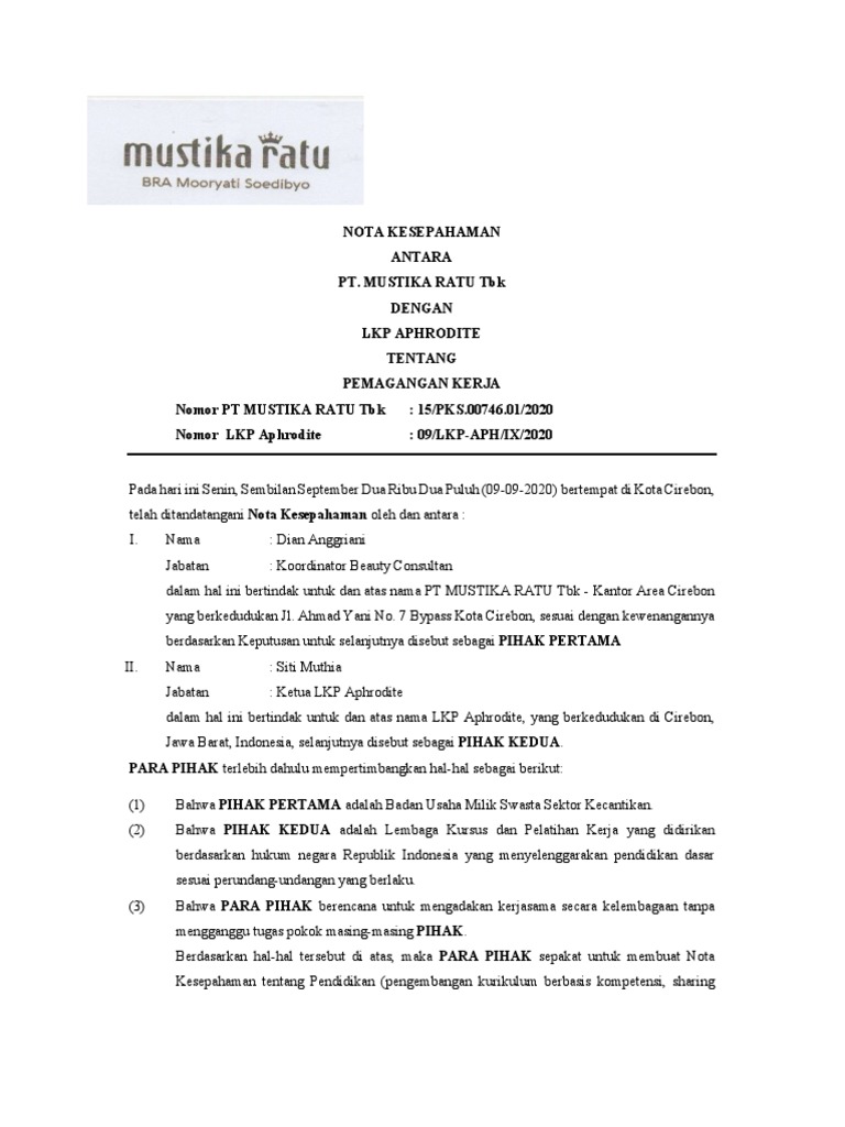 Kerja Sama Magang Mustika Ratu-LKP | PDF