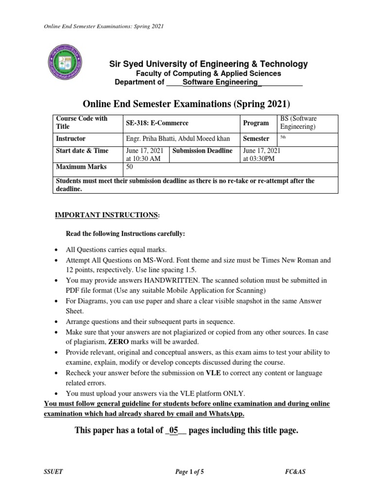 E-Commerce Question Paper - Online End Semester Examination-FCAS | PDF ...