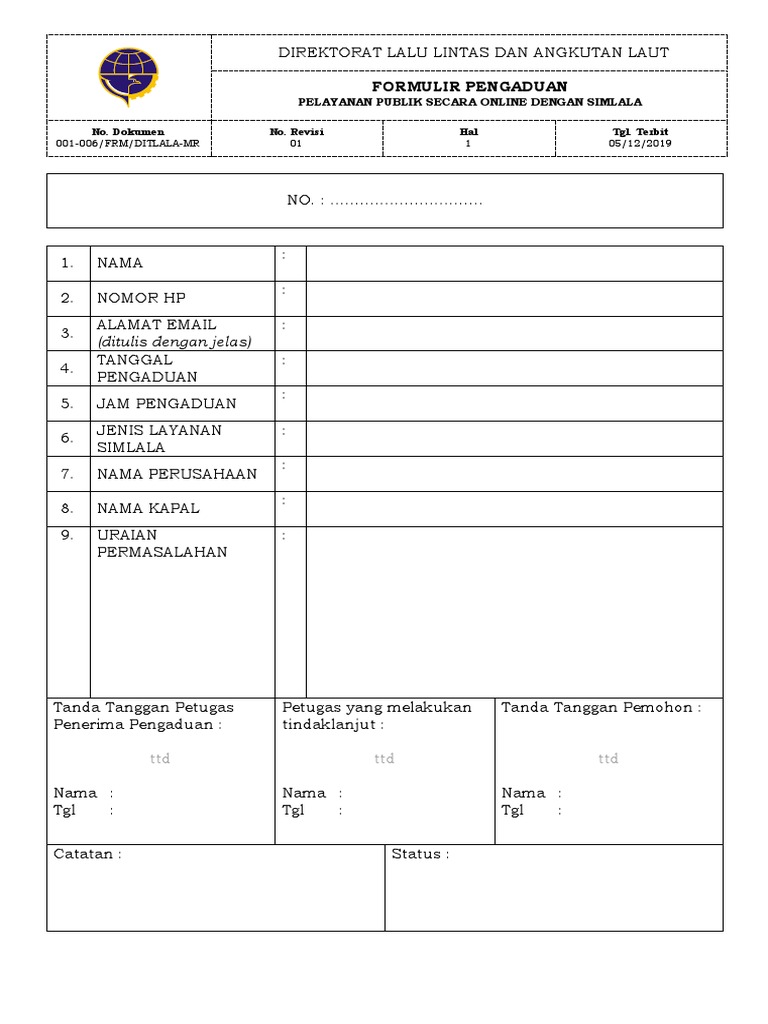 Formulir Pengaduan SIMLALA 2020 | PDF