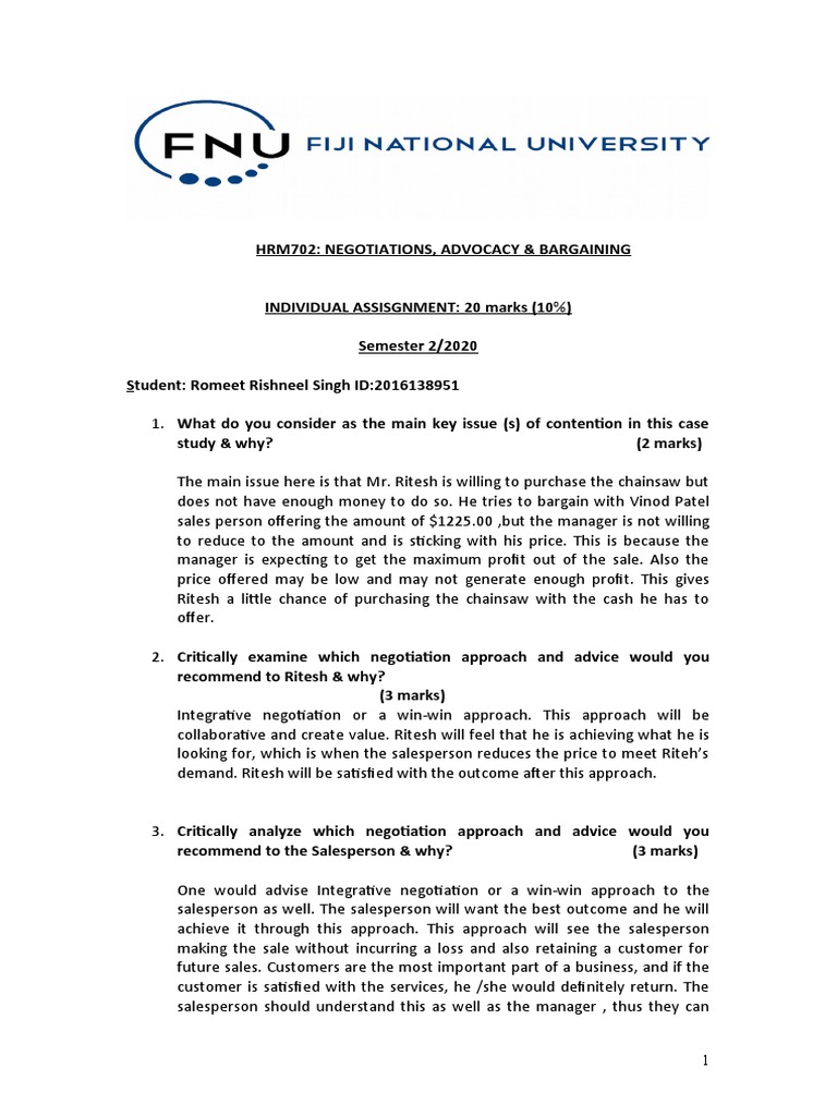 HRM702 Assignment 1-2016138951 | PDF | Negotiation | Sales