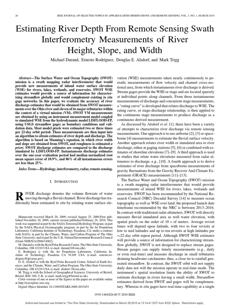 Estimating River Depth From Remote Sensing Swath Interferometry ...