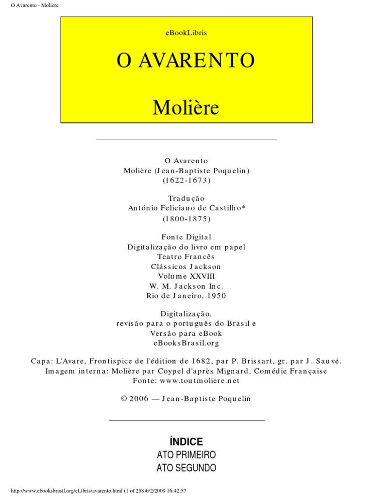 O Avarento - Molière | Download grátis PDF | Molière | Amor
