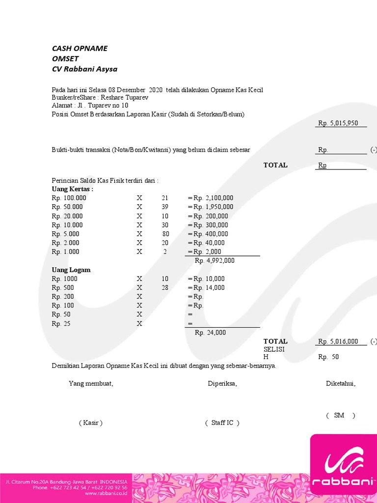 Cash Opname Omset CV Rabbani Asysa: Total | PDF