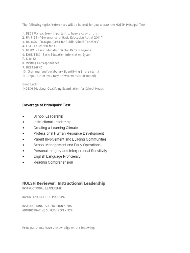 Coverage of Principals' Test: NQESH Reviewer: Instructional Leadership ...