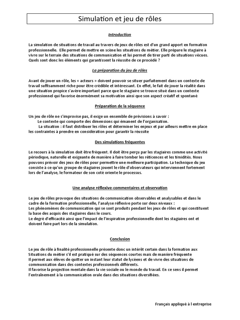 Jeux de rôles en formation professionnelle | PDF | Jeu de rôle | Simulation