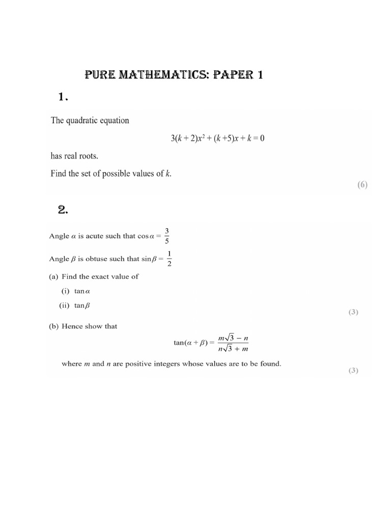 Pure Mathematics: Paper 1 1 | PDF