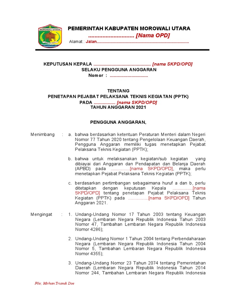 Contoh SK Pejabat Pelaksana Teknis Kegiatan | PDF