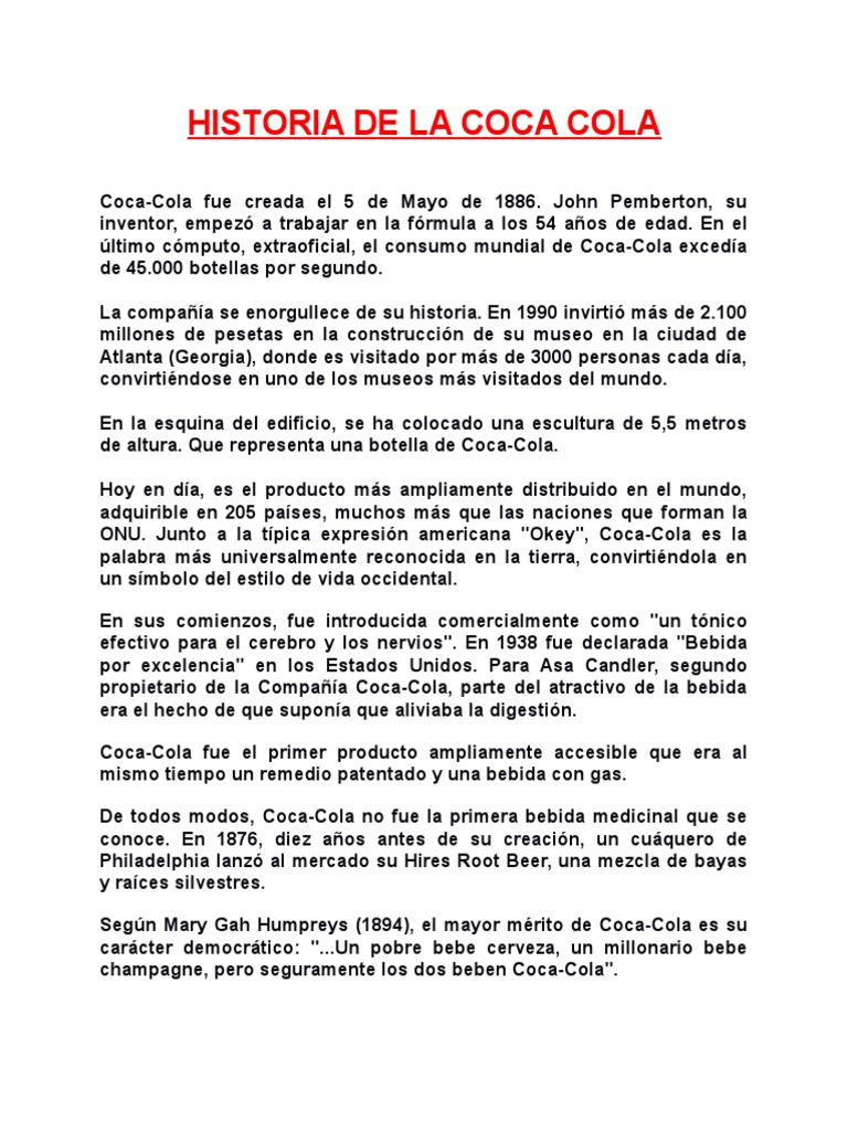 Historia de La Coca-Cola | PDF | Coca Cola | Bebidas