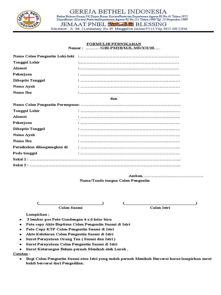 Formulir Nikah Gereja Bethel Indonesia | PDF