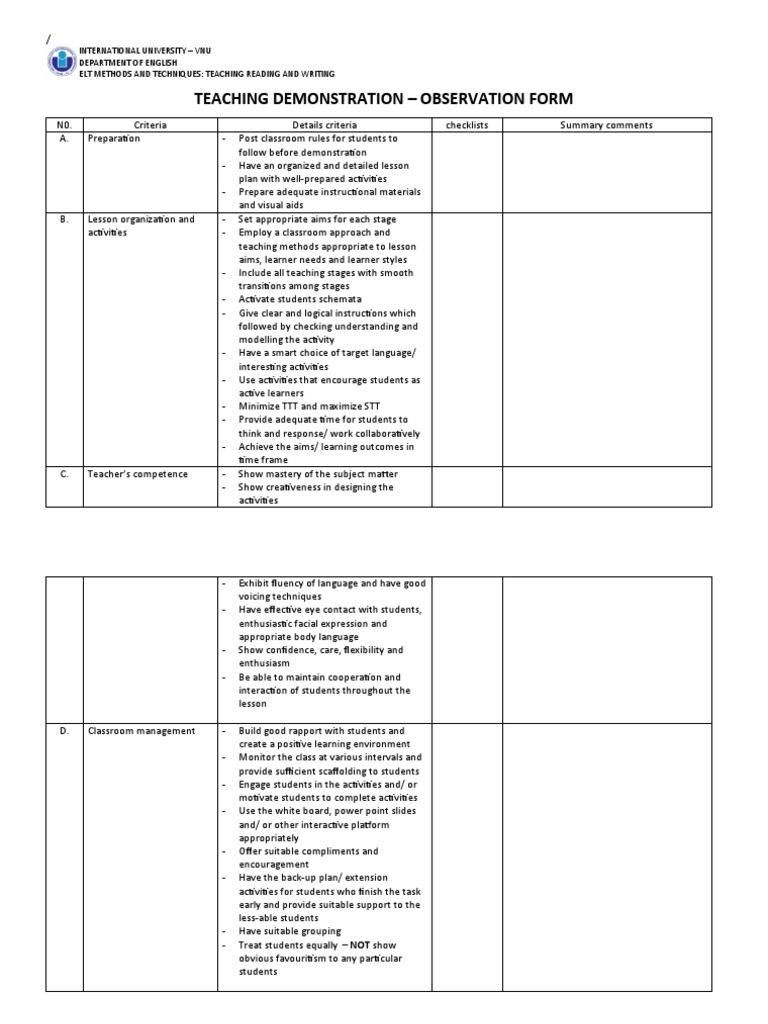 Teaching Demonstration - Observation Form | PDF | Behavior Modification ...