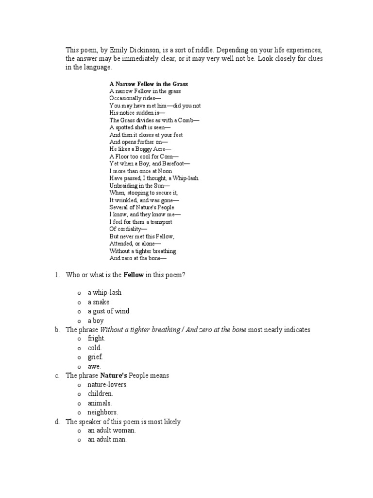 A Narrow Fellow in The Grass | PDF | Emily Dickinson | Poetry