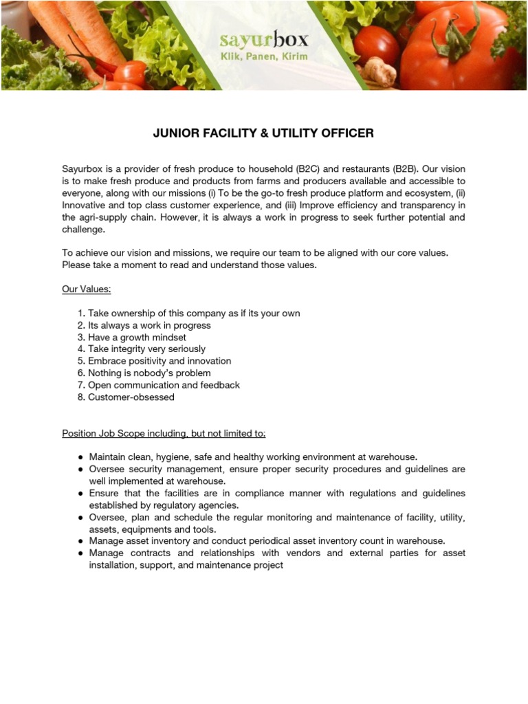 Junior Facility & Utility Officer - Job Description | PDF | Inventory ...