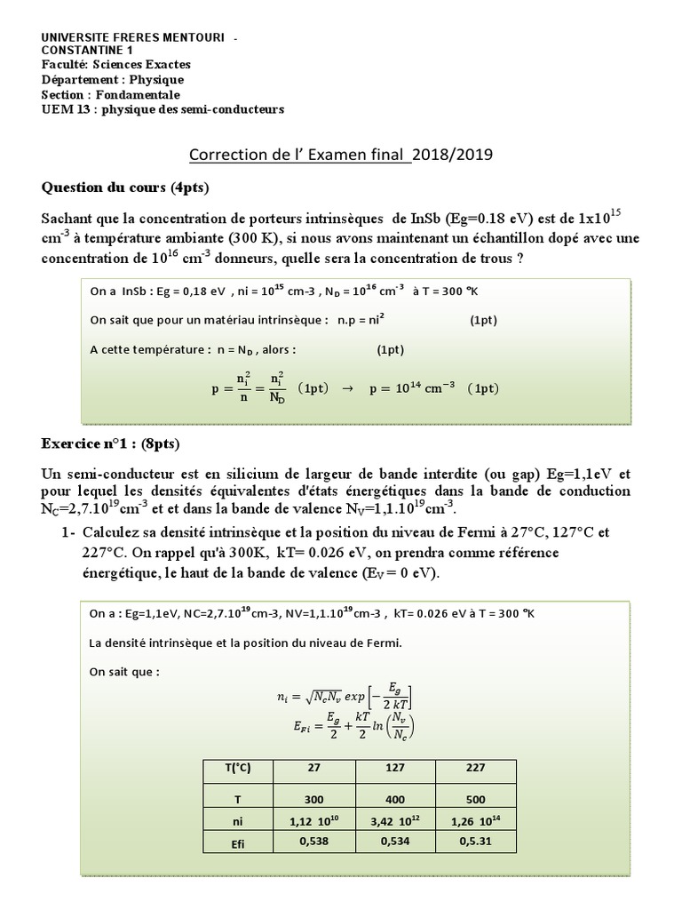 Correction Examen Fondamental1 | PDF | Dopage (semi-conducteur) | Semi-conducteurs