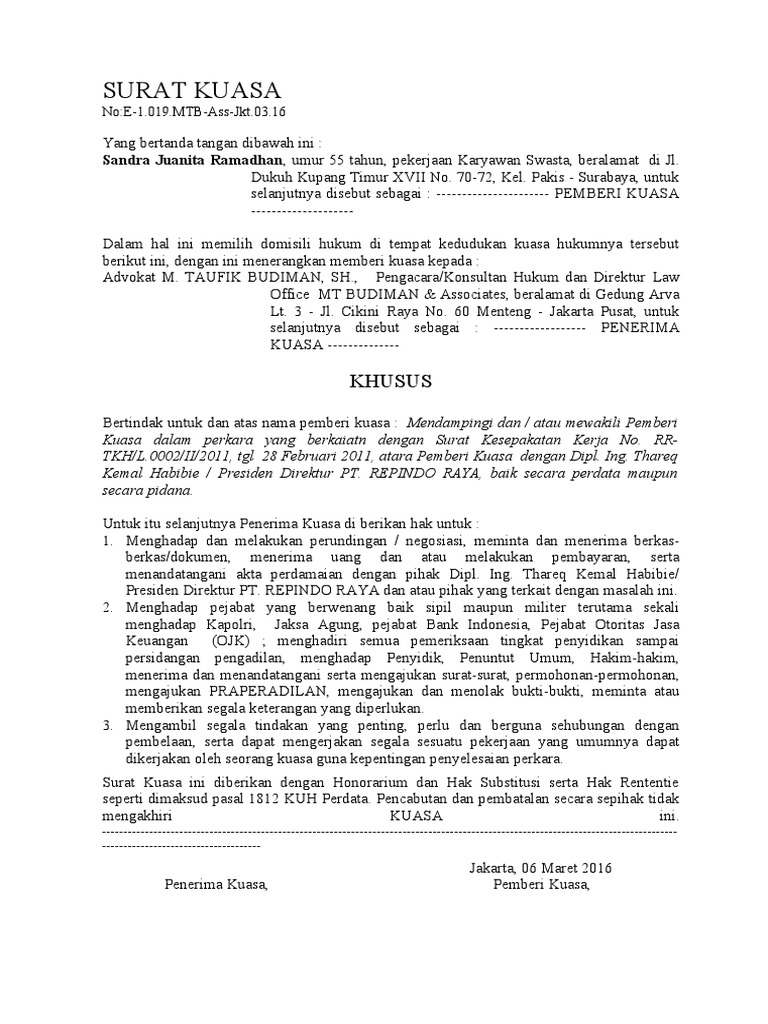 Contoh Surat Kuasa Khusus Advokat | PDF