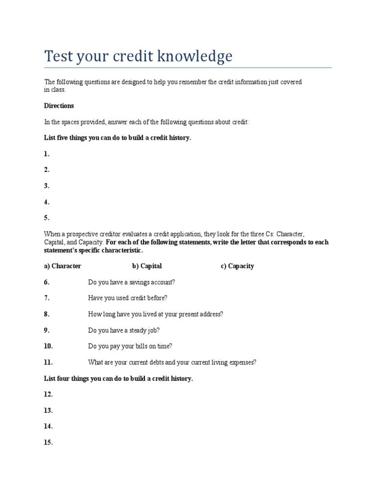 Test Your Credit Knowledge: Directions | PDF | Credit History | Credit ...