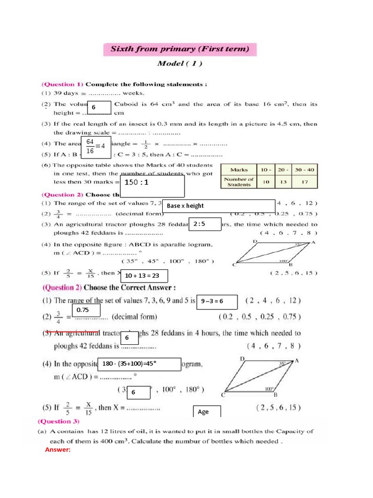 G6-Maths Model Answer For Math Book Model Exam | PDF