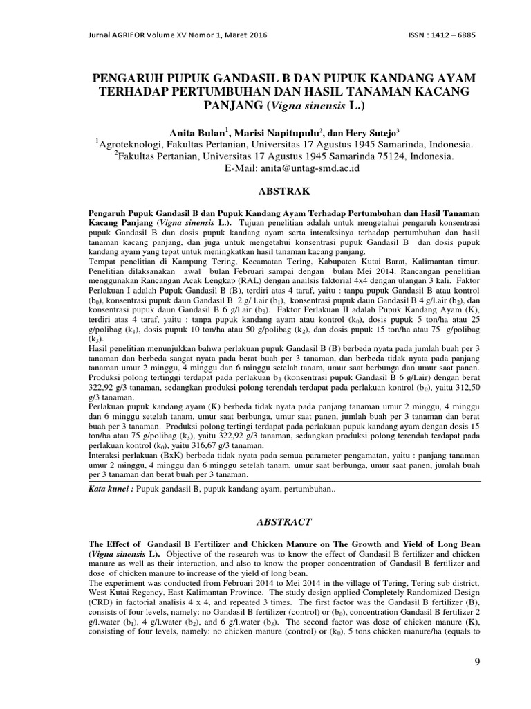 Pengaruh Pupuk Gandasil B dan Kandang Ayam pada Kacang Panjang | PDF