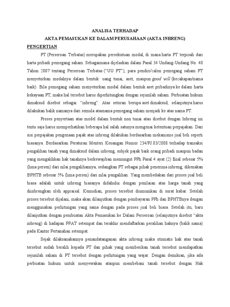 Analisa Terhadap Akta Pemasukan Ke Dalam Perusahaan (Akta Inbreng ...