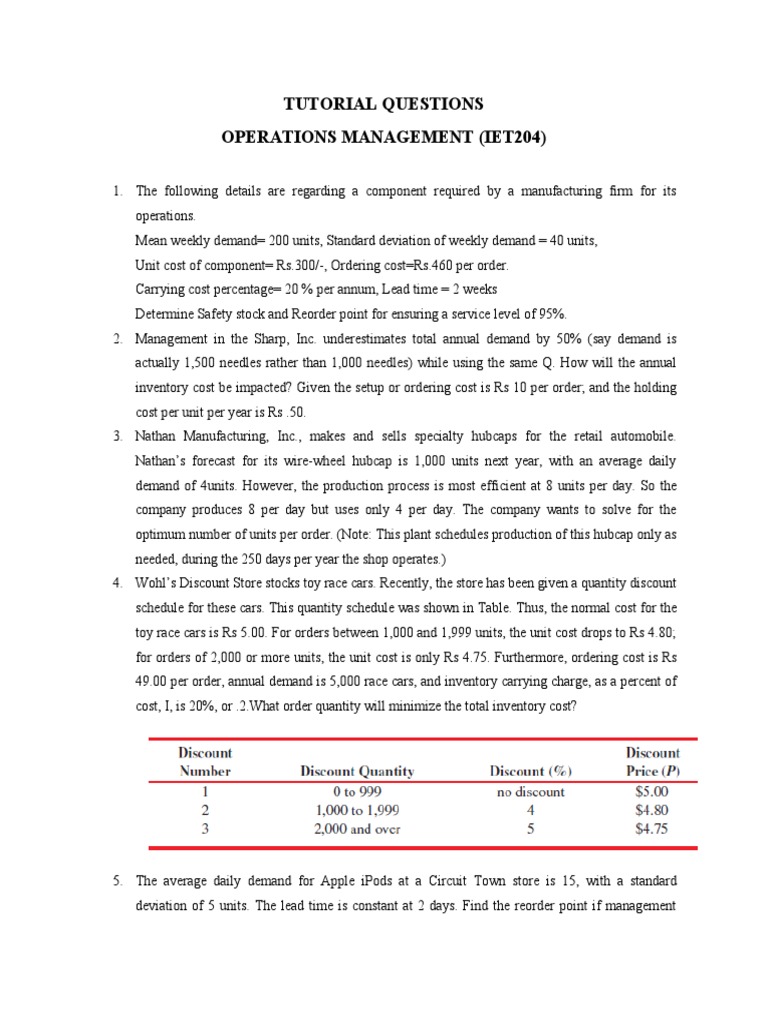 Tutorial Questions Operations Management (Iet204) | PDF | Inventory ...