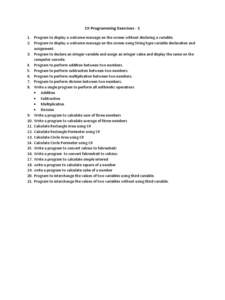 C# Programming Exercises - Display Messages, Arithmetic, Geometry | PDF