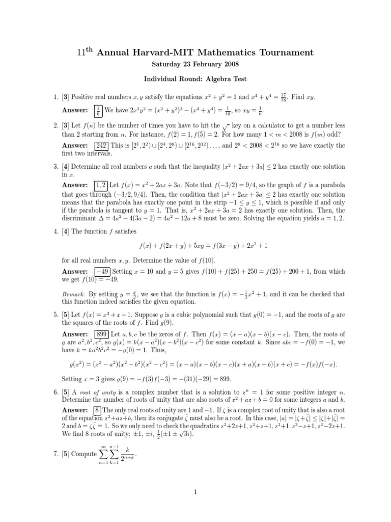 11 Annual Harvard-MIT Mathematics Tournament | PDF | Zero Of A Function ...