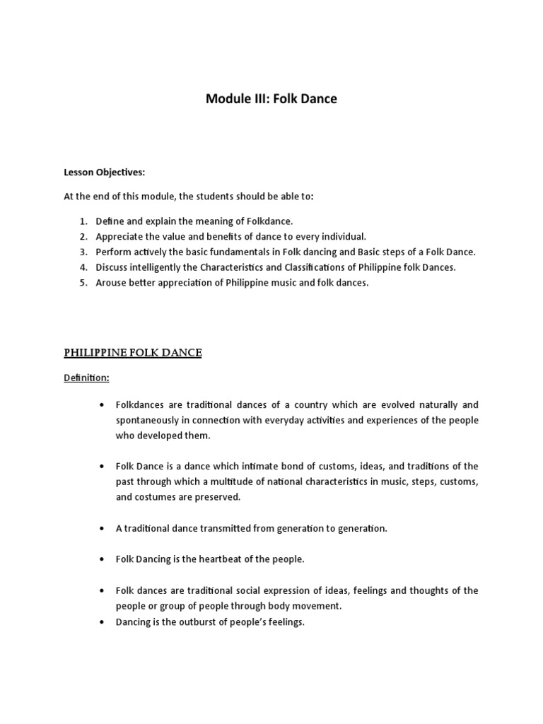 Module III: Folk Dance: Lesson Objectives | PDF | Folk Music | Dances