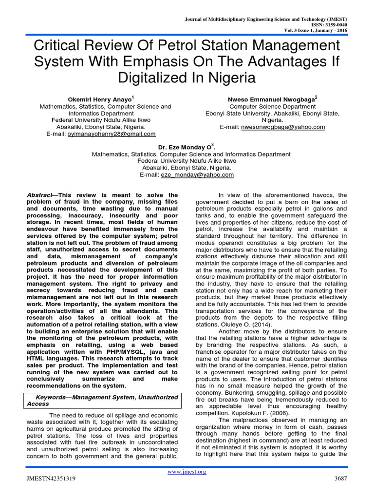 Critical Review of Petrol Station Management System With Emphasis On ...