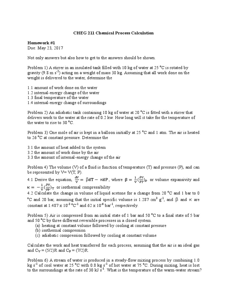 CHEG 211 Chemical Process Calculation Homework #1 | PDF | Heat ...