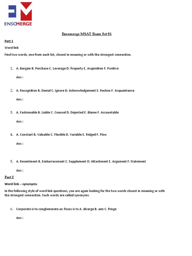 Ensomerge MSAT Exam Set 01 | PDF | First French Empire ...