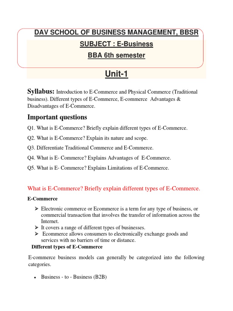Unit-1: Dav School of Business Management, BBSR SUBJECT: E-Business BBA ...