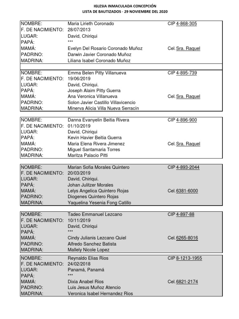 LISTA DE BAUTISMO - ABRIL - 2021 Lista | PDF