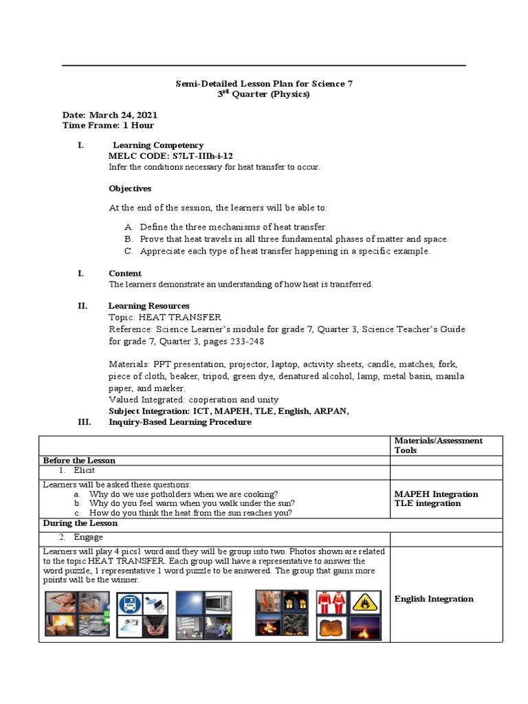 Semi-Detailed Lesson Plan in Science7 Physics | PDF | Heat Transfer ...