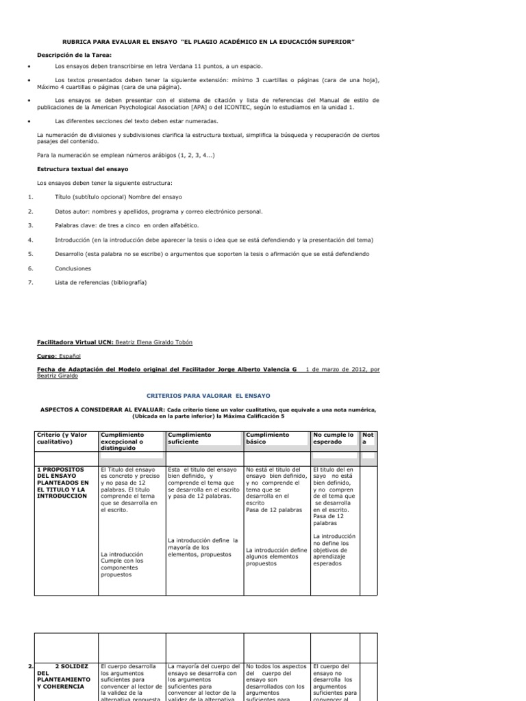Pauta para Evaluar Un Ensayo | PDF | Ensayos | Estilo apa