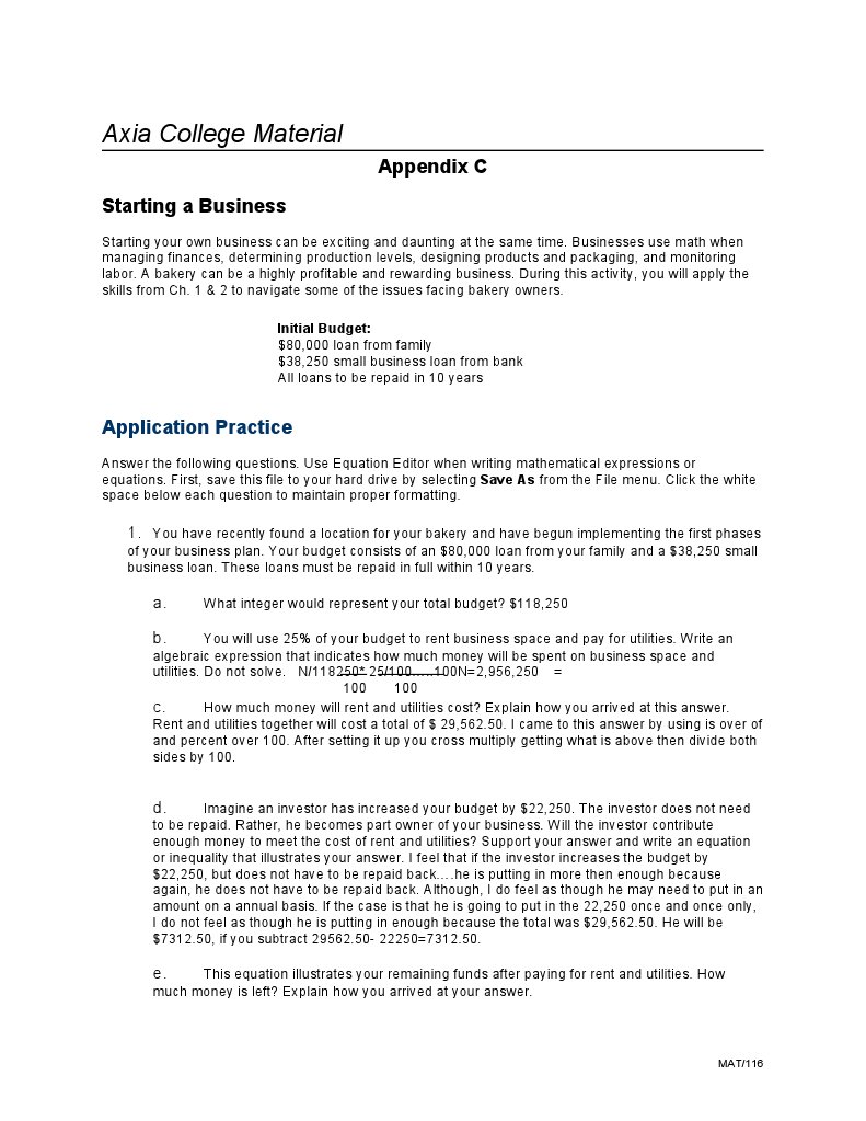 Axia College Material: Appendix C Starting A Business | PDF | Revenue | Baking