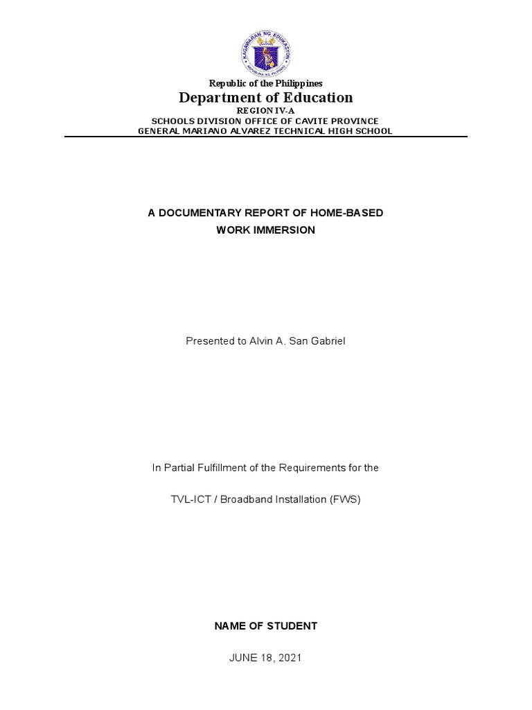 Department of Education: A Documentary Report of Home-Based Work ...