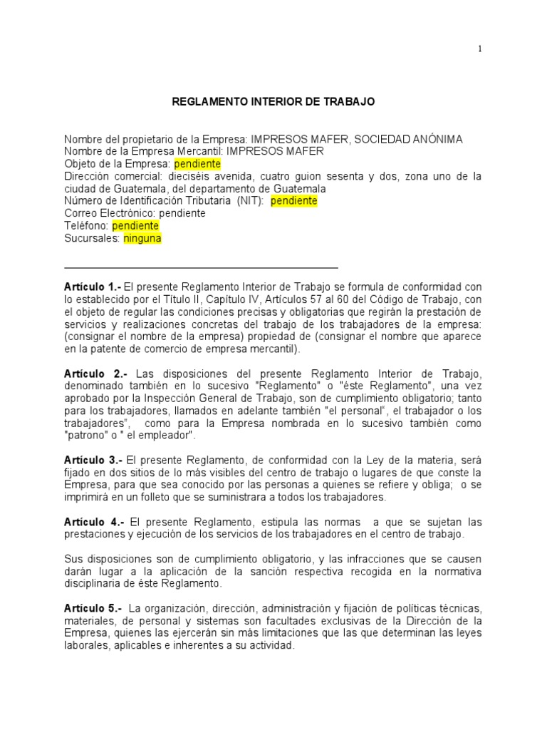 Reglamento Interior de Trabajo | PDF | Salario | Derecho laboral