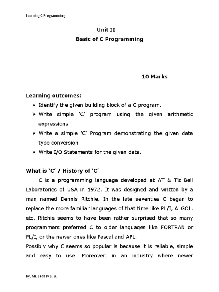 Unit 2 Introduction To C | Download Free PDF | Variable (Computer ...